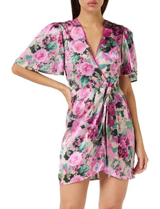 Hope & Ivy Damen The Lana Minikleid mit Flatterärmeln, Satin, Wickelkleid mit Taillenschleife Kleid für besondere Anlässe, Rose, 44