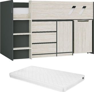 Vente-Unique Kombi-Bett 90 x 190 cm - Mit Schreibtisch & Stauraum - Anthrazit & hellgraue Holzoptik + Matratze - SAGITI