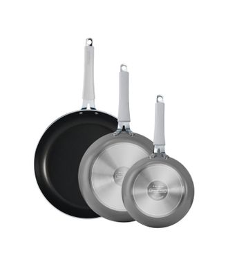 Tramontina 3 Pk Nonstick Fry Pan Set 8 10 12, Heavy-gauge aluminum, Porcelain enamel exterior, Reinforced nonstick interior is made without PFOA. Riveted soft-gr