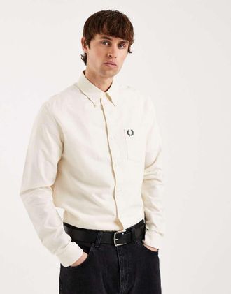Fred Perry Chemise Oxford &agrave; logo et manches longues - Cr&egrave;me-Vert