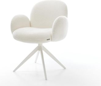 DELIFE Drehstuhl Nube-Flex mit Armlehnen Boucl&eacute; Soft Beige Kreuzgestell breit Wei&szlig; 360&deg; drehbar Wippfunktion Taschenfederkern, Esszimmerst&uuml;hle