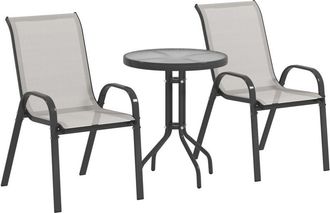 OUTSUNNY Salon de jardin ext&eacute;rieur - Outsunny - 3 pi&egrave;ces - 2 fauteuils empilables et table basse avec dessus en verre tremp&eacute; - gris clair