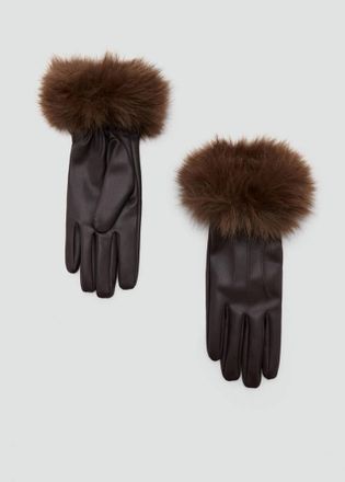 Mango Gants d&eacute;tail fourrure chocolat - Femme - S - MANGO