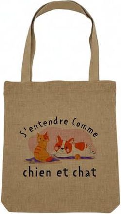 Fabulous Sac Shopping Tote Bag Aspect Lin - Comme Chien et Chat Expression Animal Mignon - Sac de Courses Toile Epaisse 360g Beige Naturel Cabas Port&eacute; Epaule S