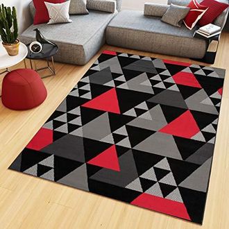 Tapiso Maya Tapis de Salon Chambre Ado Design Moderne Rouge Gris Noir Triangles G&eacute;om&eacute;trique Mosa&iuml;que Tapis Salon Chambre Salle &agrave; Manger Adulte Bureau Oeko-TE