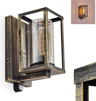 HOFSTEIN Außenwandleuchte Portalis, Außenleuchte mit Bewegungsmelder aus Metall/Glas in Schwarz-Gold/Rauchfarben, Wechselschirm in Klar, Wandlampe für Eingangs