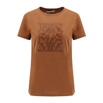 Max Mara Kurz&auml;rmeliges geripptes T-Shirt mit Rundhalsausschnitt und Strass-Logo - - Tops - Damen - Braun - S
