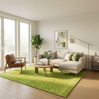 Morgenland Teppiche Tapis Gabbeh - Softy - Erased - Uni - 90x60cm, Rectangular - 100% Laine vierge - Tiss&eacute; &agrave; la main - Vert lime