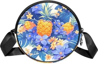 Generic Sac &agrave; bandouli&egrave;re rond pour femme, motif fleurs dananas avec fermeture &eacute;clair, bretelles r&eacute;glables, sac &agrave; main rond d&eacute;contract&eacute; pour femmes et filles