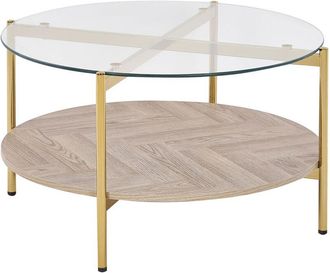 Beliani Couchtisch Gold / Hellbraun mit Glasplatte aus Metall mdf Holzplatte Elegant Modernes Design f&uuml;r Wohnzimmer