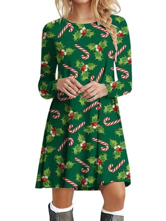 ORANDESIGNE Festliches Kleid Damen Weihnachten Midikleid Herbst Bunt Langarm A Linien Abendkleid Kurz Elegant Weihnachtskleid Curvy Mode Partykleid Pulloverkleid 