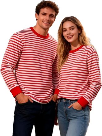Generic Ringelshirt Herren Rot Weiss Karneval Gestreiftes T Shirt Langarmshirt Rundhals Basic Sweatshirt Rot Wei&szlig; Gestreift Streifenshirt Locker Oberteile Lan