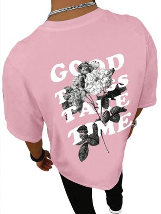 TOMWELL Oversized Tshirt Herren Rundhals Kurzarm Lose Sommer Oberteile Mode T-Shirt mit Backprint Vintage Drucken Streetwear Sport Casual Lang Tops A Rosa XXL