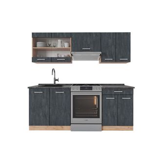 Vicco K&uuml;chenzeile R-Line, Schwarz Beton/Goldkraft Eiche, 200 cm AP Anthrazit