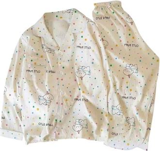 Minetom Ensembles de Pyjama Femme 2 Pièces Bouton Vêtements de Nuit Léger Pyjama Set Manches Longues Col V Chemise et Pantalon A Multicolore 4 XS