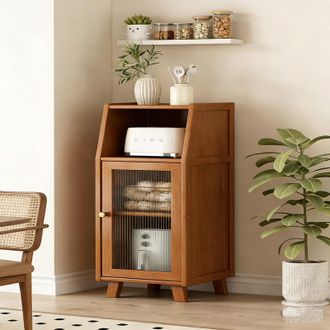 Generic Sideboard in Massivholzoptik mit halbtransparenten Glast&uuml;ren Offene Regalb&ouml;den + Schubladen Stauraum for das Esszimmer, Teeschrank und Wohnzimmer(Tea 