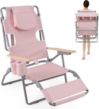 Giantex Chaise Longue Pliable, Fauteuil de Bronzage avec Trou pour Visage, Repose-Pieds & Dossier R&eacute;glables, Sac de Rangement, Chaise de Plage Portable Inclin