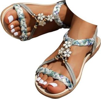 Generic Sandales plates &agrave; lani&egrave;res pour femme - Bout ouvert - Style d&eacute;contract&eacute; - Style boh&egrave;me - Sangle de cheville - Confortables - Large largeur - Perles - 