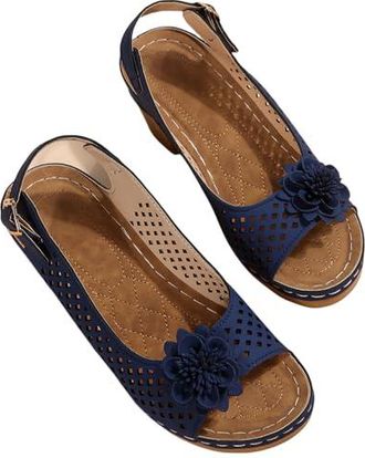 Generic Sandales habill&eacute;es &agrave; talon carr&eacute; avec boucle pour femme, chaussures compens&eacute;es, bride arri&egrave;re basse, bout ouvert, talons &eacute;pais pour le quotidien, bleu