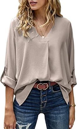 ORANDESIGNE Chemisier Femme Manches Longues Blouse en Mousseline Col V Couleur Unie Chemisie Élégant en Mousseline De Soie Top Chic Printemps Été Haut Tunique B K