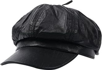 Generic Hommes Classique Cuir Plat Casquettes B&eacute;ret Chapeau Automne Hiver Octogonal Chapeau Baker Boy Chapeau Newsboy Casquettes Femmes, Noir - 60-62 cm, L