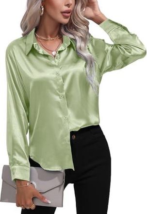 ORANDESIGNE Chemisier Femme Satin Soie Col en V Manches Longues Chemises élégant Casual Affaires Hauts avec Boutons Chemise Satin Blouses Shirts Tops Hauts Bureau