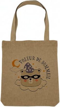Fabulous Sac Shopping Tote Bag Aspect Lin - Voleur de Sommeil Dessin Illustration Animaux - Sac de Courses Toile Epaisse 360g Beige Naturel Cabas Port&eacute; Epaule 