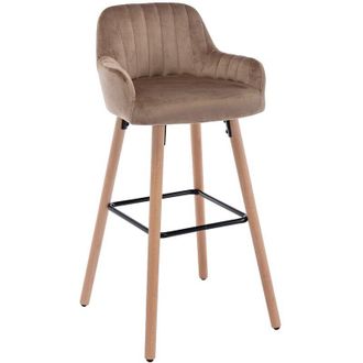 Vente-Unique Vente-unique - Tabouret de bar en velours et pieds bois de h&ecirc;tre - Beige - eleana