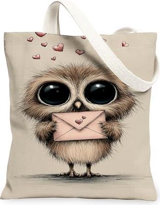 Generic Sac fourre-tout en toile motif hibou mignon, adorable motif oiseau, sac &agrave; provisions r&eacute;utilisable, motif coeur, l&eacute;ger, lavable, beige, 13x15 Inch