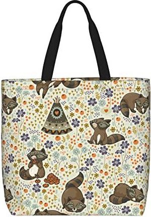 Generic Sac Fourre-Tout Ratons Laveurs, Animaux Et Fleurs Sac &Agrave; Dos Avec Poign&eacute;es R&eacute;utilisable Sacs En Toile &Eacute;paule, Pour Tous Les Jours, &Eacute;cole, Femmes, Voyag