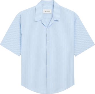 Ami Homme, Chemises, Bleu, Taille: XL Chemise Boxy &agrave; Manches Courtes avec Col Cubain et Broderie Ami de Coeur