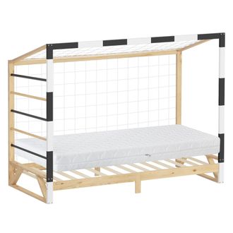 ML Design ML-Design Kinderbett Fu&szlig;balltor 90x200 cm mit Matratze H:16cm, Holzbett mit Lattenrost, Kletterleiter, Tornetz, Jugendbett aus Kiefernholz, Einzelbett