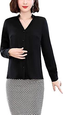 Dissa Chemise en Soie Noir Unie Manches Longues Col V Blouse À Boutons Soie Femme,M,S1902