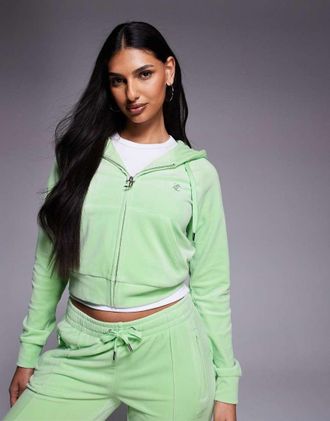 Juicy Couture Sweat &agrave; capuche densemble en velours avec fermeture &eacute;clair et logo &agrave; strass - Vert citron