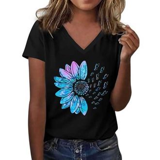 Generic T-shirt en coton pour femme - Coupe ample - T-shirt d&eacute;t&eacute; avec motif - Col en V - Ultra confortable - Respirant - Chemisier d&eacute;contract&eacute; pour le travail