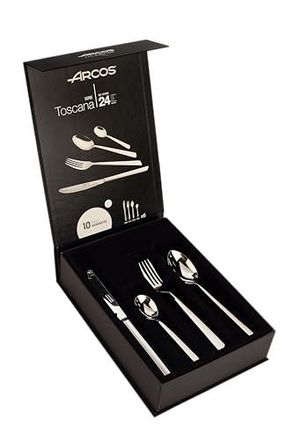 Arcos Besteckset 24-teilig f&uuml;r Tisch - Komplettes Besteck f&uuml;r 6 Personen, Set aus 6 L&ouml;ffeln, 6 Messern, 6 Gabeln und 6 Dessertl&ouml;ffeln - Silber, Serie Toscan