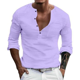 Generic T-shirt &agrave; manches longues pour homme - Style vintage - En coton - Grandes tailles - Col montant - Chemise de plage - Col rond - Chemise d&eacute;t&eacute; &eacute;l&eacute;gante 