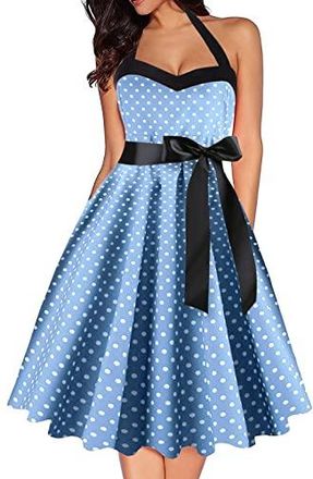 Generic Robe Vintage AnnéEs 50 Pin Up Femme à Pois Vintage Rétro Imprimée à Pois Mi Longue Elégante Style 1950s Audrey Hepburn Robe de Soirée Cocktail sans Ma