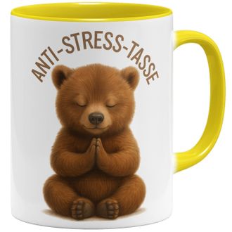 OM3 B&auml;rchen Anti-Stress Kaffee-Tasse - S&uuml;&szlig;e B&auml;r Keramiktasse mit Namaste Motiv - Keramik Becher - 325ml - Beidseitig Bedruckt - Gelb