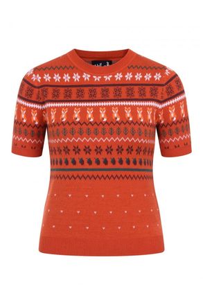 Hell Bunny Vixey Pullover Fuchs Gestrickte 50er Jahre Vintage Retro Pinup Kurzarm, Orange, XXL