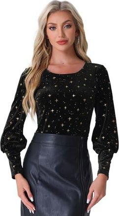 Allegra K Haut en Velours Femme Blouse à étoile Métallique avec Manches Longues Bouffantes Pull Brillant de Fête Col Rond Chemisier Vintage pour Noël Noir XS
