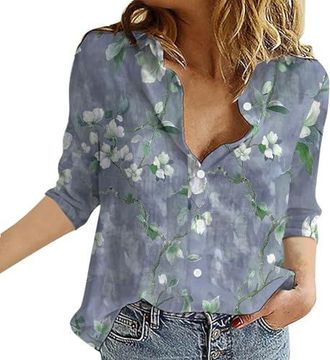 Generic Haut &agrave; manches longues &agrave; col en V pour femme - Chemisiers floraux &agrave; manches longues - Blouses et chemises de plage, hauts de vacances, hauts basiques 