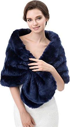 Insun Femmes Faux Fourrure Châle de Soirée de Mariage Châle Écharpes Cape Manteau Étole Bleu Marine L