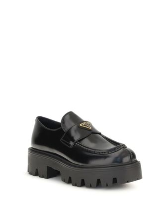 Prada Womens Brushed Leather Loafers Nero