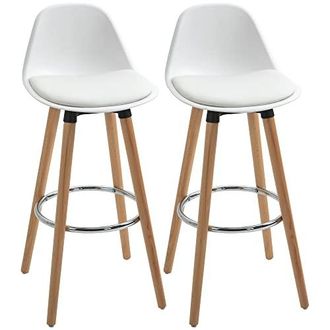 HOMCOM Barhocker 2er Set, Gepolstert Barstuhl mit Holzbeine und R&uuml;ckenlehne, K&uuml;chenst&uuml;hle mit Fu&szlig;st&uuml;tze aus Stahl, Tresenhocker f&uuml;r K&uuml;che, Wohnzimmer, Esszim