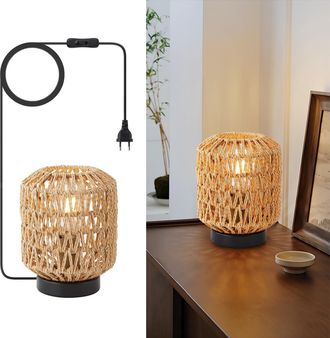 Wilon Tisch Lampe, Rattan Lampenschirm Kleine, Tischlampe mit Stecker, E27 Schreibtischlampe Retro, Handgewebte Lampenschirme, Nachtlicht Lampe f&uuml;r Schalfzi