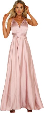 Jamron Damen Elegant Tiefer V-Ausschnitt R&uuml;ckenfreies Satin Abendkleid Multiway Wickelkleid Abschlussballkleid SN0703227 Rosa M