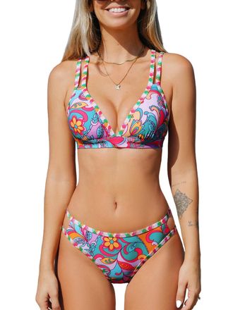 Cupshe Damen Bikini Set V Ausschnitt Blumenmuster Mid Waist Bademode Riemchen Farbpaspel Cut Out Zweiteiliger Badeanzug Swimsuit Candy Floral XL