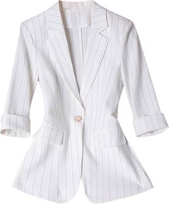 Generic Blazer à manches 3/4 pour femme - Style classique à rayures - Couleur unie - Col à revers cranté - Avec poches et un bouton - Coupe ajustée - Style dé