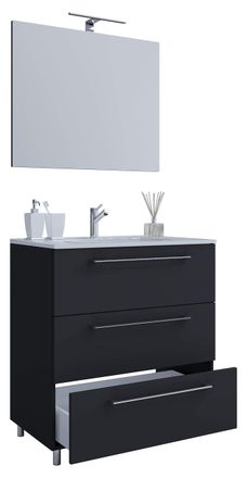 VCM 3-TLG. Waschplatz Waschtisch | Waschbecken Unterschrank Breite 60 cm | Badm&ouml;bel Set stehend mit DREI Schubladen Spiegel | Badinos